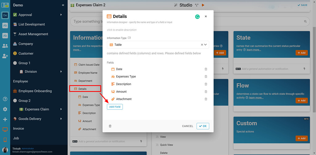 Add/Remove table column - Studio - Inistate Community